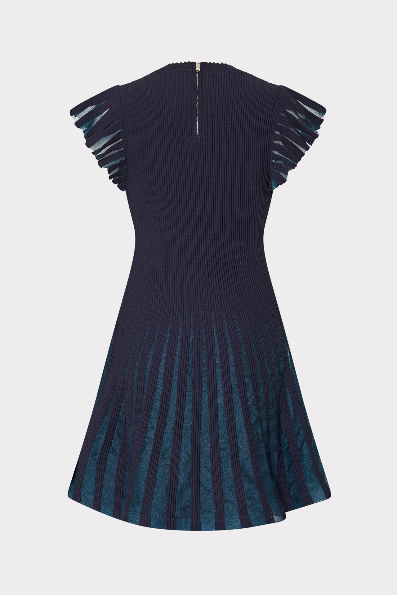 Sheer Flutter Sleeve Knit Dress in Navy | MILLY