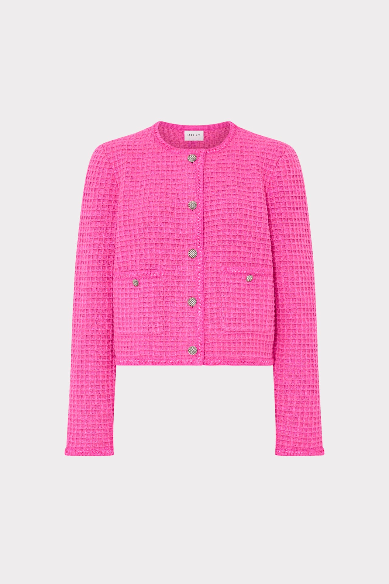 Sade Textured Crew Neck Cardigan Jacket in Pink | MILLY